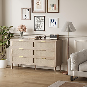 GarveeHome 6 Drawer Rattan Dresser, 47.2" x 15.7" x 29.5" Rattan Chest of Dressers, Mid Century Modern Dresser for Closet with Handles, Large Table Top, Dresser Bedroom, Living Room, Hallway, Entryway