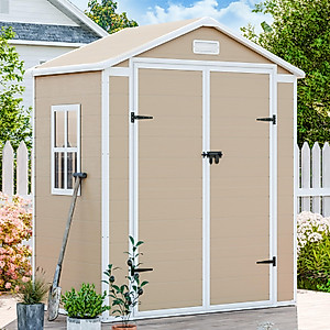 CDCASA 6x3 FT Storage Shed, Waterproof Resin Outdoor Storage Shed with Floor & Window & Double Lockable Doors and 2 Vents, Tool Shed for Bike, Garden, Backyard,Lawn, All Weather Use, Light Brown