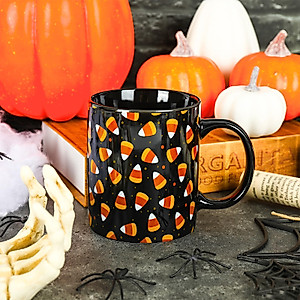 Whaline Halloween Mug 12oz Candy Corn Coffee Mug Candy Corn Black Ceramic Drinking Mugs Halloween Party Cups for Home School Office Table Centerpieces Housewarming Gift