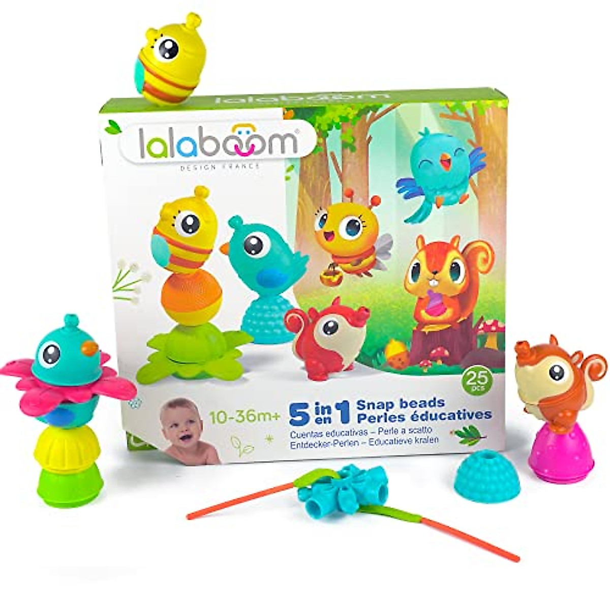 Lalaboom My First Step-by-Step Developmental Sensory 25 Piece Character Bead Activity Set – Pop, Twist, Mix, Stack, and Lace — Montessori Method STEM Focus – Dishwasher Safe - Ages 10 Months+ - BL320