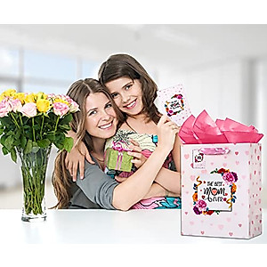 WhatSign Mothers Day Gift Bags with Handle 11.5" Medium Mother's Day Best Mom Ever Gifts Bags with Tissue Paper Happy Mother's Day Flowers Paper Gift Bags for Mom Grandmother Aunt Wife Birthday Bags