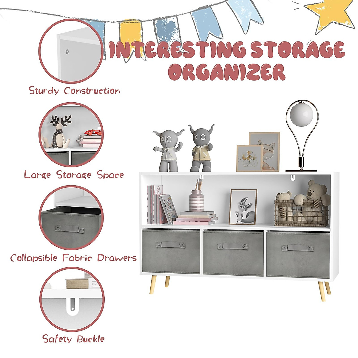 Kids Bookcase and Bookshelf Multi Shelf Cubby with 3 Collapsible Fabric Drawers Kid's Book and Toy Display Rack Toy Storage Cabinet Organizer for Playroom Nursery Children's Room School, White+Grey