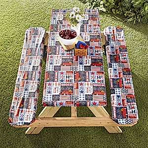 The Lakeside Collection Picnic Table and Bench Seat Covers with Elastic Edges - Americana - 3 Pieces