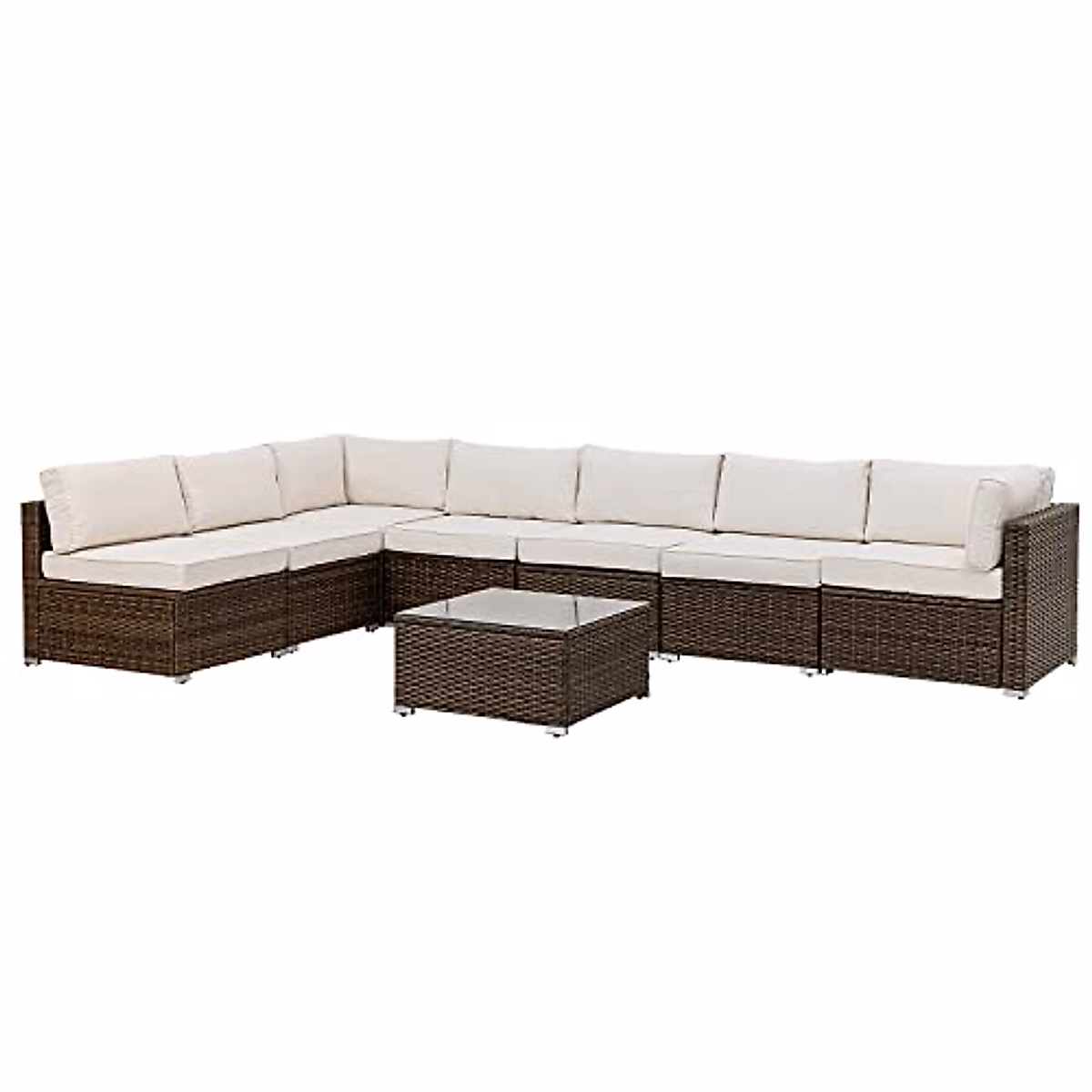 HOMPUS 8-Piece Outdoor Handwoven PE Rattan Wicker L-Shaped Corner Conversation Set Furniture Brown Patio Sectional Sofa Set w Beige Seat Cushions, Glass Coffee Table for Garden,Backyard,Pool