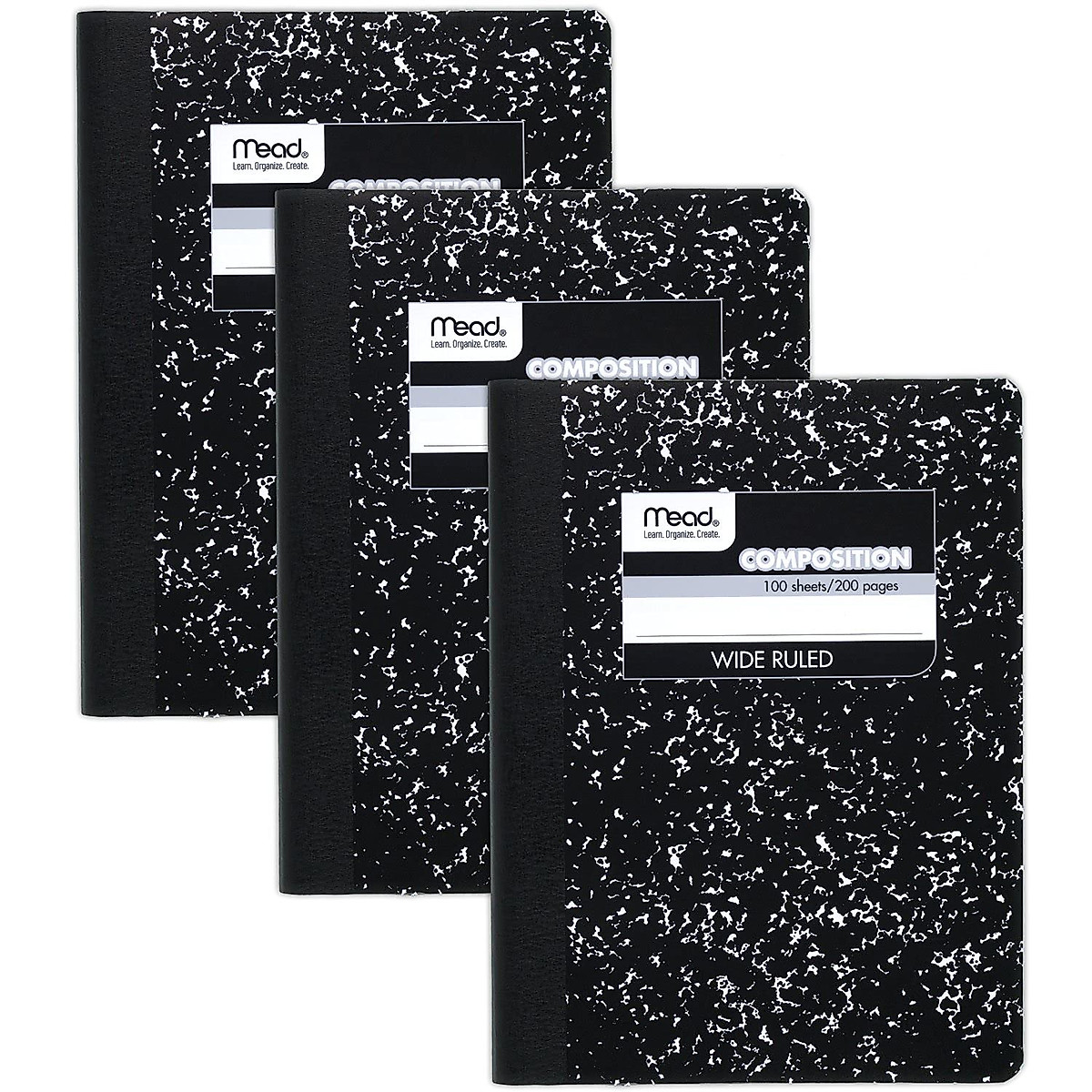 Mead Composition Notebook, Wide Ruled Paper, 9-3/4" x 7-1/2", 100 Sheets per Notebook, Black Marble (38301), Pack of 3