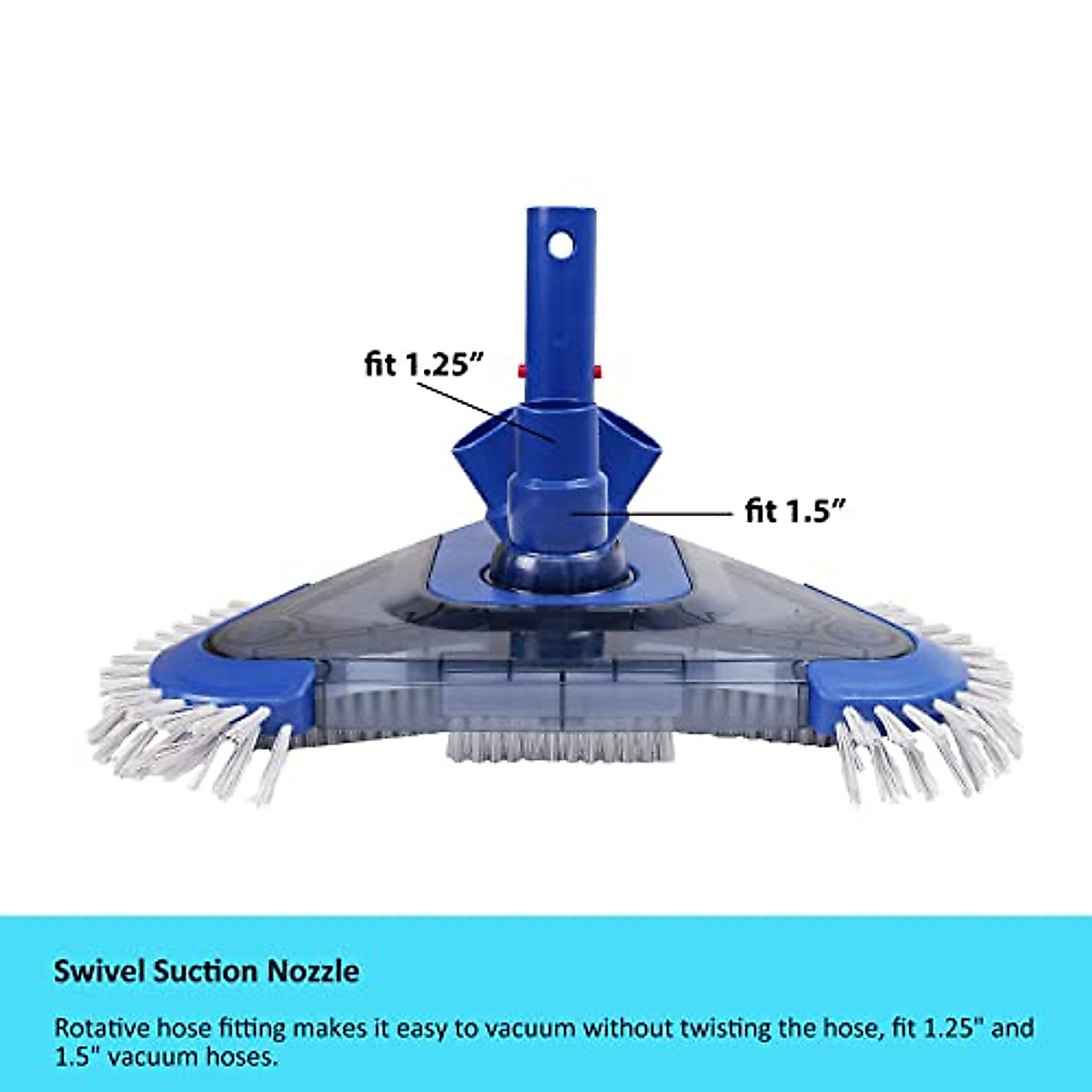 Poolvio Triangular Pool Vacuum Head with Side Brush, Swivel Hose Connection, EZ Clip Handle,3 Ball Wheels - Connect 1-1/4", 1-1/2" Hose for Inground and Above Ground Swmming Pools