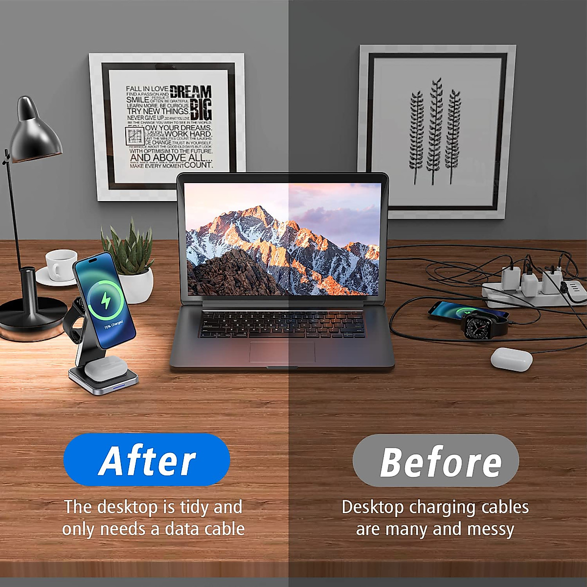 3 in 1 Magnetic Wireless Charger,Foldable Mag-Safe Wireless Charging Station for Apple Watch Series 9/Ultra 2/8/7/SE/SE2,Apple 15 Pro Max/15/14/13,Air-Pods 3/Pro/2 Mag Safe Charger Stand Dock(Black)