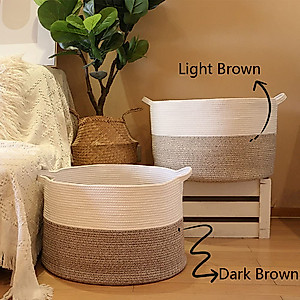 Basket Idea Extra Large Laundry Gift Basket( 21.7''x21.7''x13.8'' Inches Light Brown and White) Woven Cotton Storage Basket for Blankets Toys Clothes and Other Sundries to Make Your Home Look Neater