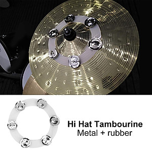 Drum Cymbals Hi Hat Tambourine Stainless Steel and Rubber Hi Hat Tambourine with Two Color for Drum Set Performance(Silver)