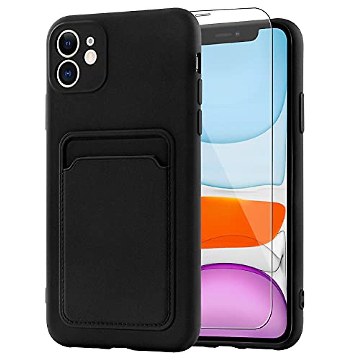 MZELQ Wallet Case for iPhone 11 (6.1 inch), Card Holder Camera Protection Cover for iPhone 11 + Screen Protector, Soft Slim Card Slot Case Compatible with iPhone 11 Phone Case -Black