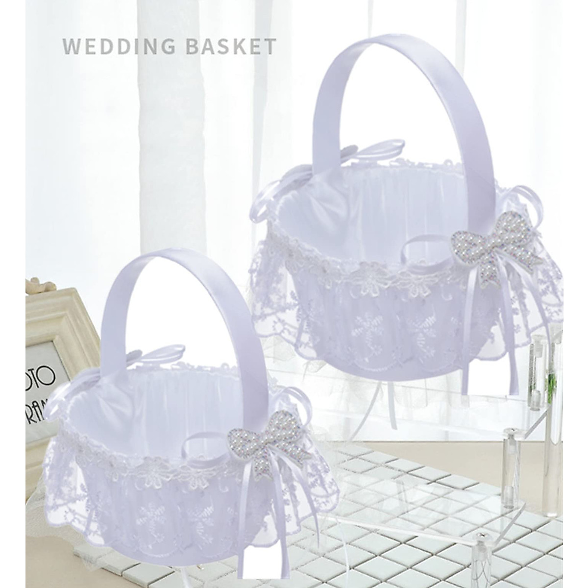 White Wedding Flower Basket Wedding Party Romantic Decoration Bridal Flower Basket Bridesmaid Children Portable Flower Basket(E)