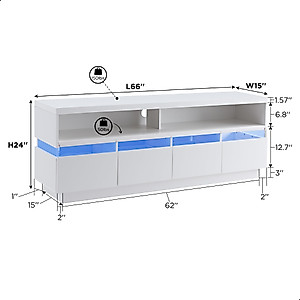 T4TREAM LED TV Stand for 75 Inch TV, Modern Gaming Entertainment Center with LED Lights, Media Storage Console Table with Large Sliding Drawers & Side Cabinets for Living Room, Solid White, 66 Inch