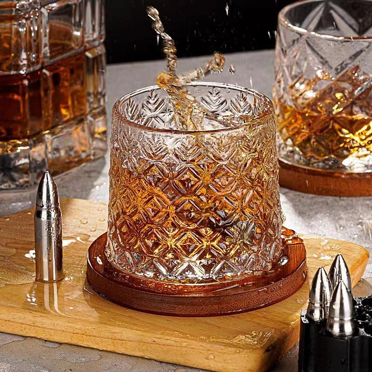 Spinning Crystal Whiskey Glasses 10.8 oz Set of 2, Big Size Rotatable Drinking Bourbon Glasses with coasters, Stress & Anxiety relief Tumbler For Scotch , Cocktails, Coffee , Father's Day Gift