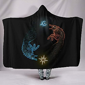 Medieval 3D Printing Hooded Blanket Keeping Warm Yin Yang Wolf Celtic Knot Totem Unisex Winter Wearable Hooded Blanket Double Thick Plush Wool Blanket Cape ( Color : D , Size : 50x60in/130x150cm )
