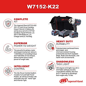 Ingersoll Rand W7152-K22 20V 1/2" Drive Cordless Impact Wrench 2 Battery Kit - High Torque, IQv Power Control w/4 Modes, Brushless Motor, LED Light Ring, Gray