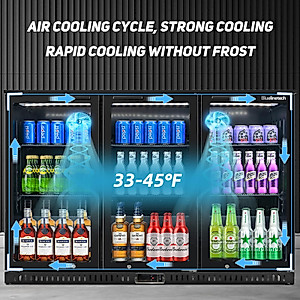 BLUELINETECH Back Bar Cooler, 3 Glass Door Commercial Beverage Cooler Undercounter Refrigerator with LED Lighting, 11.5 cu.ft, 53” Wide