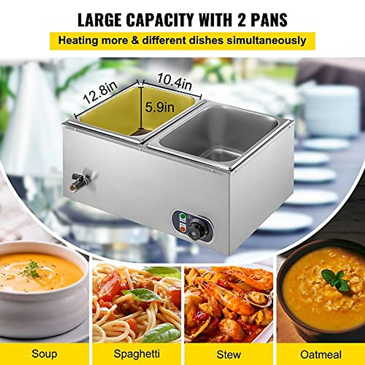 Commercial Food Warmer 850W Electric Steam Table 17 Qt Bain Marie - Stainless Steel for Buffet Catering