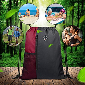 BeeGreen Maroon Drawstring Backpack Sports Gym Bag for Women Men Large String Backpack With Zipper and Water Bottle Mesh Pockets Cinch Sack Workout Bag, 16" x 20"