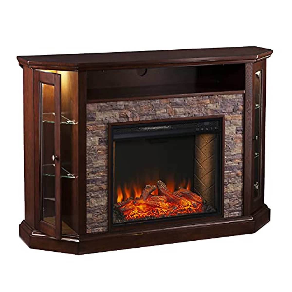 SEI Furniture Redden Faux Stone Convertible Alexa-Enabled Electric Media Storage Corner Fireplace, Espresso
