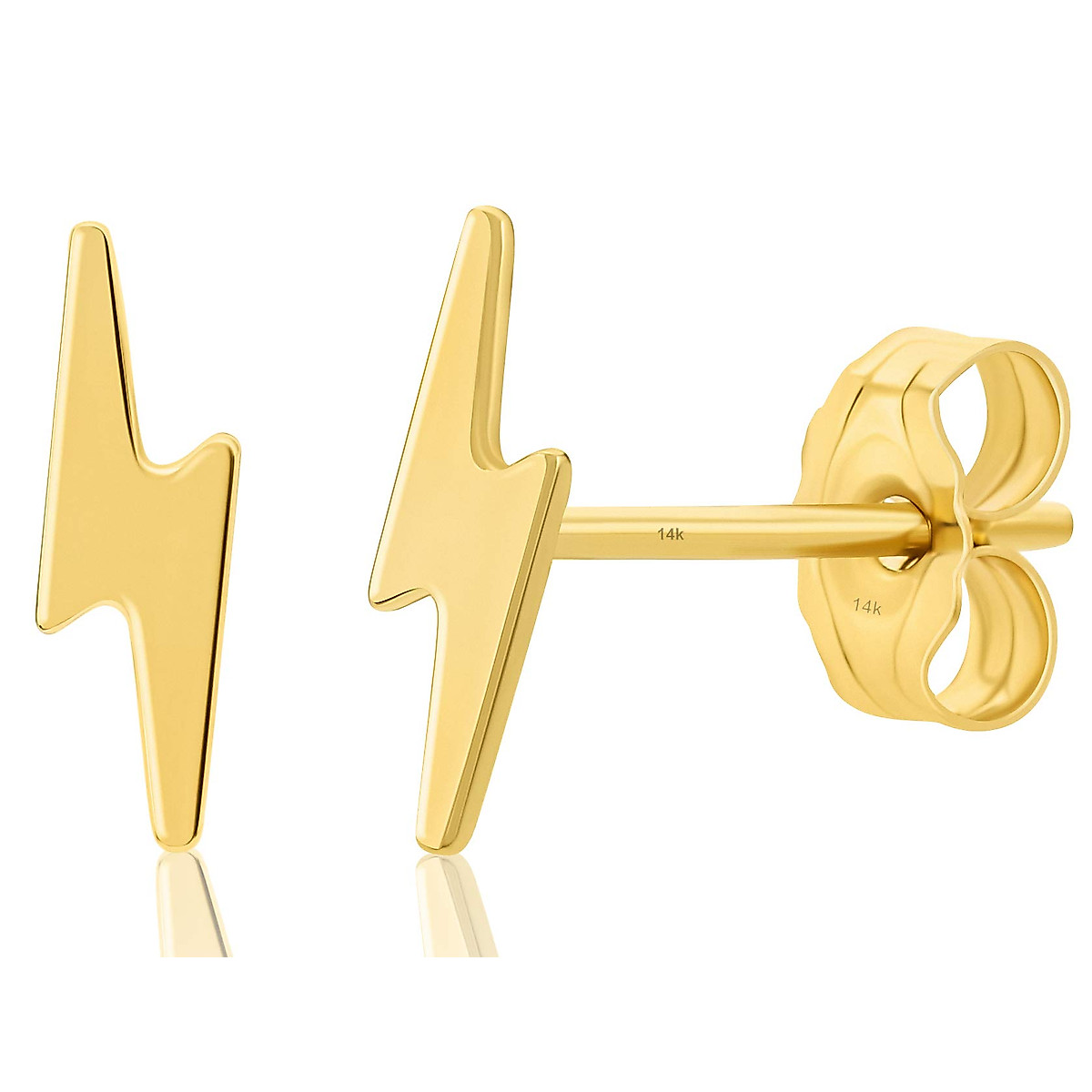 Solid 14K Gold Lightning Bolt Studs Dainty Small Earrings, Polished Finish, 8mm (Yellow Gold)
