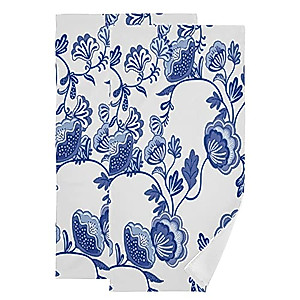 Beautiful Blue Flowers Chinoiserie Style Hand Towels Set of 2 Luxury Print Decorative Bathroom Towels Super Soft Highly Absorbent Multipurpose Towels for Yoga Gym Spa Hotel Bathroom Kitchen 28x14 Inch