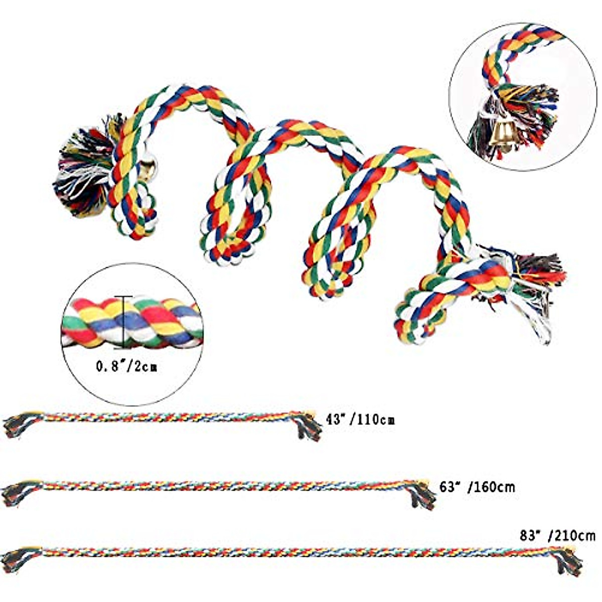 GINXIA Parrot Rope Perch Cotton Rope Bird Perch with Bell Climbing Stand Bar Bird Bungee Toy Parrot Chew Toys (43")