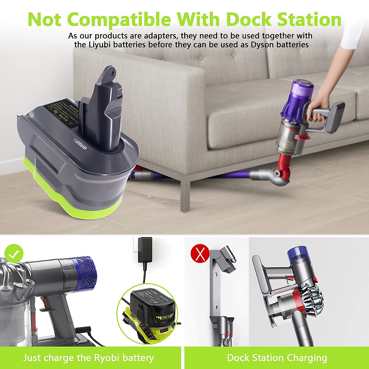 UNIKI V6 Adapter for Dyson V6 Battery，Work for Ryobi 18V Lithium Battery Convert to Dyson V6 DC58 DC59 DC61 DC62 SV04 SV09 Battery V6 Absolute/Motohead/Animal+Fluffy/Mattress/Vacuum