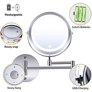Wall Mounted Makeup Mirror, 1X 10X Magnification 360 Degree Rotation Double Sided Led Lighted Vanity Mirrors for Bathroom AC Adapter or Battery Operated