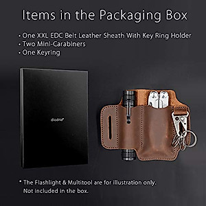 XXL EDC Leather Sheath, Leather Knife Belt Sheath Organizer, Tool Pouch Sheath for Most Leatherman Multitools, Key Ring Holder Fob, Holster for 5 inch Knives, Fit Most Tactical Flashlights. Chestnut.