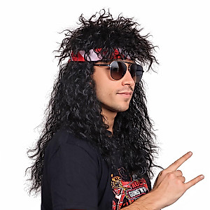 80s Wig with Bandana for Men Long Curly Black Rocker cosplay wig for Halloween