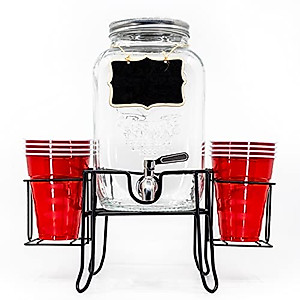 1 Gallon Glass Drink Dispenser | 100% Leakproof Stainless Steel Spigot | Sturdy Metal Stand, Chalkboard, Cup Holder | Great for Outdoor Parties | Perfect for Cold Drinks & Laundry Detergent