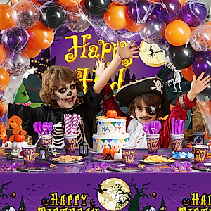 Pajean 277 PCS Halloween Party Supplies Full Set Halloween Happy Birthday Decoration Backdrop Balloons Disposable Plates Tablecloth for Halloween Home Decor and Tableware, Serves 24