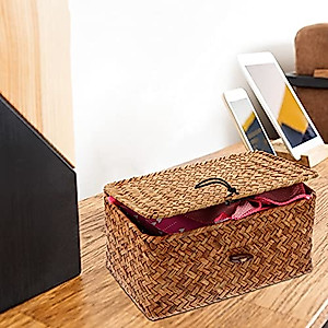 Seagrass Woven Storage Box Wicker Basket Storage Bins with Lid Laundry Rattan Organizer Box Home Desktop Makeup Organizer for Shelf