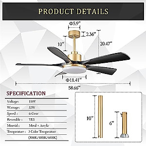 Ceiling Fan with Light 60 Inches Black and Gold, Modern Ceiling Fan with Remote Control, Flush Mount Large Ceiling Fan with LED Lights 5 Blades 6 Speed Reversible DC Motor for Bedroom Dining Room