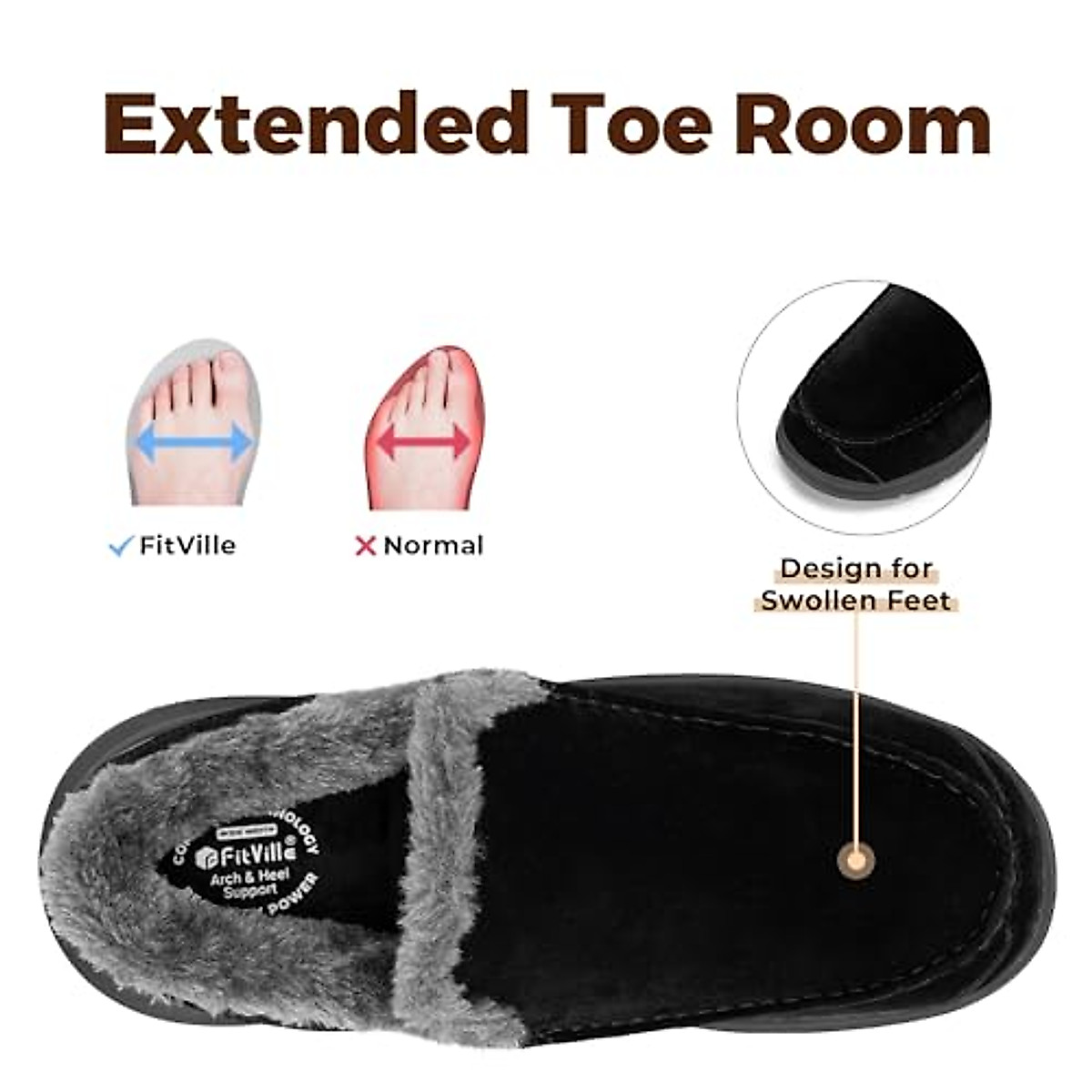 FitVille Extra Wide Men's Slip-on House Slippers - Non Slip Orthopedic Winter Slippers for Wide Feet - Indoor & Outdoor