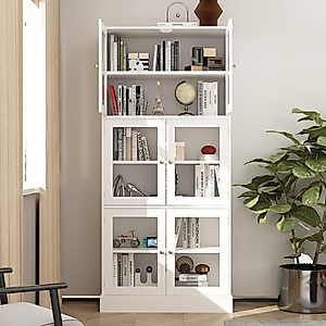 ECACAD 67.9" H Modern Bookcase Storage Cabinet with 6 Glass Doors & Adjustable Shelves, 6-Tier Wood Bookshelf Display Cabinet for Living Room & Office, White