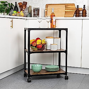 MIND READER Rolling Bar Cart [3 Tier] Kitchen Microwave Cart Island On Wheels, Coffee Station (Wood/Metal, Black/Brown)