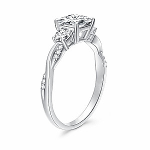 1-1/4 Carat(ctw) Princess Cut Engagement Rings for Women White Gold 3 Stone Moissanite Engagement Rings Platinum Plated Silver 10K 14K 18K Gold Wedding Anniversary Promise Rings with Text Engraving(Platinum Plated Silver)