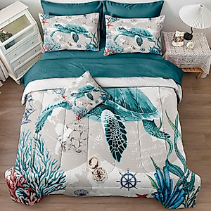 Bedbay 8 Pieces Nautical Bedding Sea Turtle Queen Comforter Set with Sheets Turquoise Comforter Retro Style Teen Girls Boys Turtle Bedding Set Ocean Themed Soft Fluffy Bed Set(Ocean,Queen)
