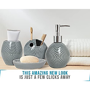 Designer 4-Piece Bathroom Accessory Set – Ceramic Bath Set w/Liquid Soap or Lotion Dispenser, Toothbrush Holder, Tumbler and Soap Dish – Decorative Set w/Embossed Details – Modern Vanity Accessories