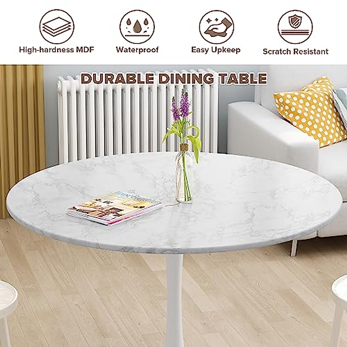 Ufurpie 42" Round Dining Table,Faux Marble Table Top,White Tulip Table Metal Base Pedestal Table for 4-6 Person,Easy Assembly End Table Leisure Coffee Table
