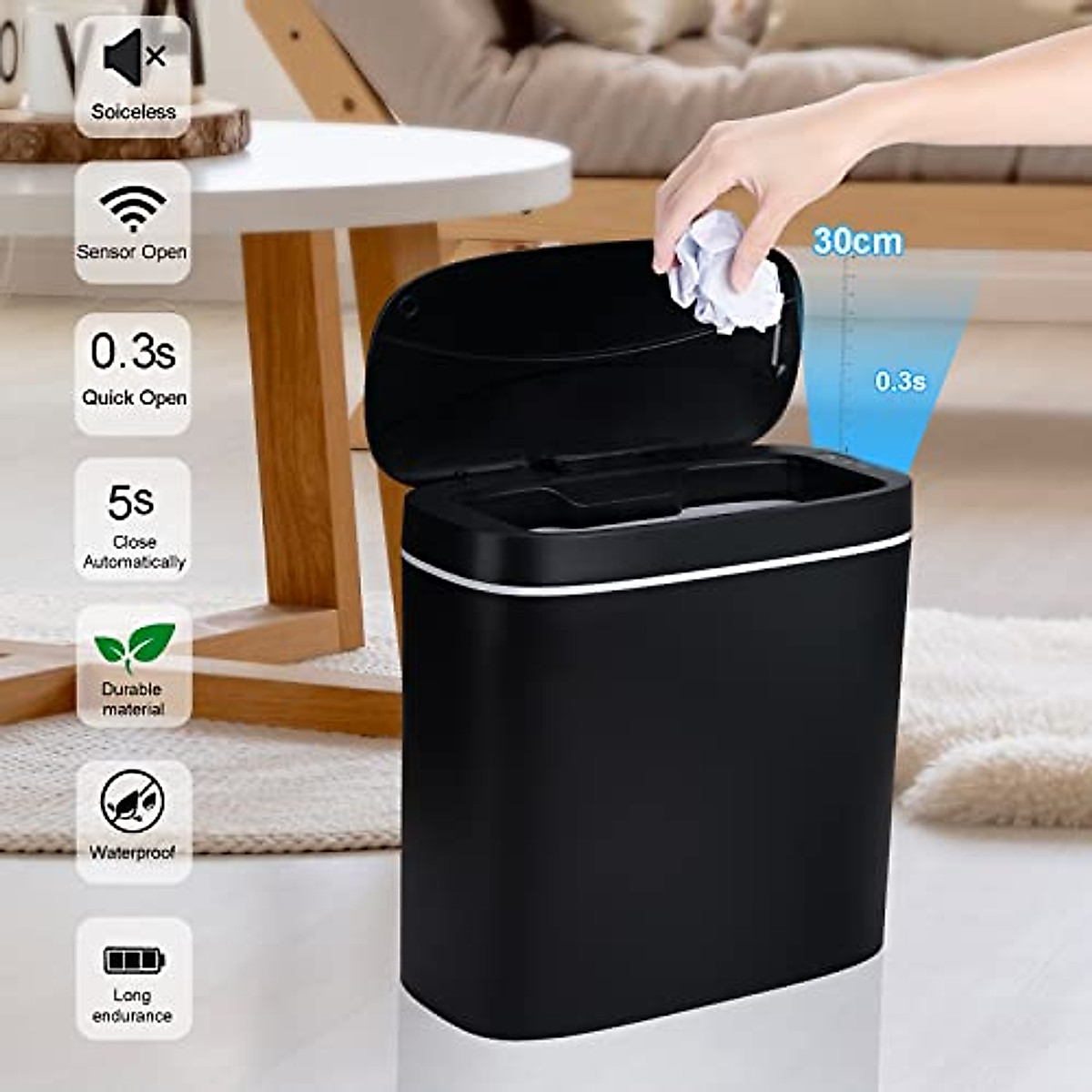 2023 Upgraded Bathroom Trash Can with Lid 3.5 Gal, Self-Sealing Auto Motion Sensor Touchless Trash Bin, Small Smart Slim Garbage Wastebasket for Toilet, Office, Rv, Bedroom, Livingroom (Black 3.1gal)