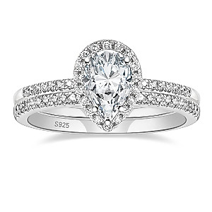 EAMTI 1.5CT 925 Sterling Silver Wedding Band Teardrop Bridal Rings Sets Halo Cubic Zirconia Solitaire Promise Engagement Rings for Women Size 6