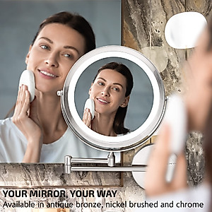 Ovente 8.6" Lighted Wall Mount Makeup Mirror, 1X & 10X Magnifier, Adjustable Double Sided Round LED, Extend, Retractable & Folding Arm, Compact & Cordless, Battery Powered Nickel Brushed MFW85BR1X10X