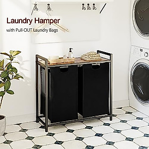 AMHANCIBLE Double Laundry Hamper, 2 Section Laundry Basket, Laundry Room Storage and Organization, Clothes hamper with Table, for Bathroom, Bedroom, Restroom, Rustic Brown HLS02BR