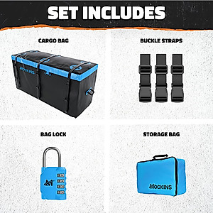 Mockins 25 Cu.Ft. Large Trailer Hitch Cargo Carrier Bag | 60"x24"x31" Soft-Shell Vinyl Cargo Bag for Hitch Carrier | Weatherproof Car Storage Bag | Waterproof Truck Bed Storage Set w/Accessories