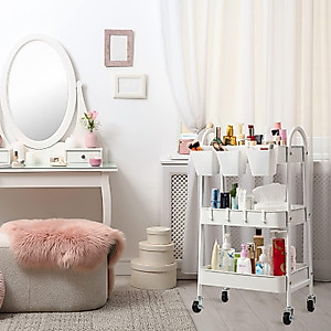 danpinera 3-Tier Rolling Cart, Metal Rolling Storage Cart with Lockable Wheels & Hanging Cups & Hooks, Mobile Trolley Cart for Kitchen, Bathroom, Office, Workshop, White