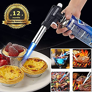 Butane Torch Kitchen Blow Lighter Gas burner - Culinary Torches Chef Cooking Professional Adjustable Flame with Reverse Use, for Creme, Brulee, BBQ, Camp, Baking (Butane Not Included)（Black）