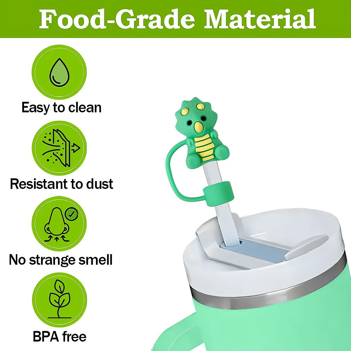 4 Pack Dinosaur Straw Cover Cap for Stanley Cup 30&40 Oz Tumblers, 0.4in/10mm Silicone Straw Topper Protector Lid with Cute Dinosaurs Kids Cup Accessories