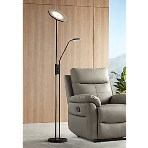 360 Lighting Taylor Modern Torchiere Floor Lamp with Side Light LED Dimmable 72" Tall Satin Black Metal Adjustable Head White Acrylic Diffuser for Living Room Reading House Family Bedroom
